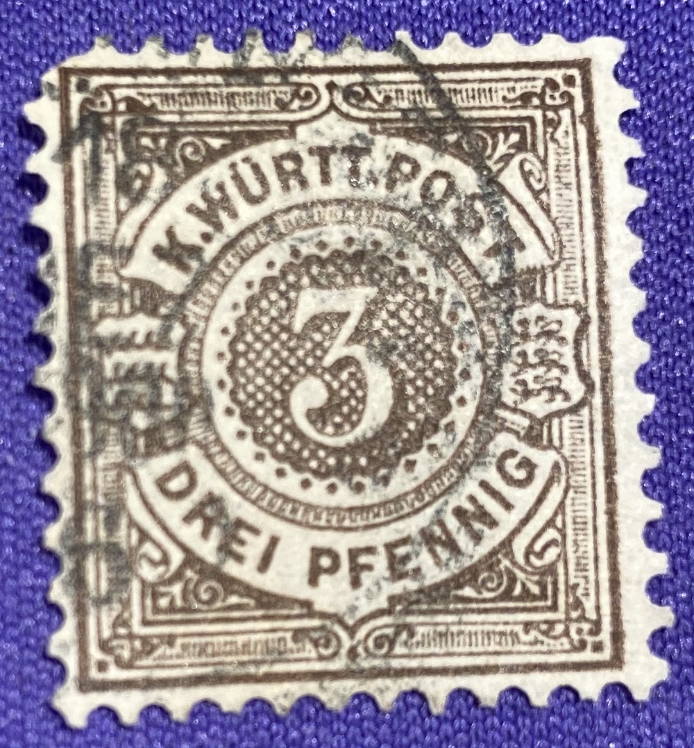 1210:: Stamps, 1890, 3 Pfennig brown, Wurttemberg, Old German States ...