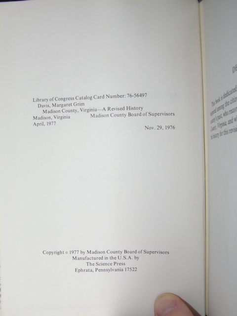 =SOLD= 1816:: REVISED Edition 1977: "Madison County, Virginia: A ...